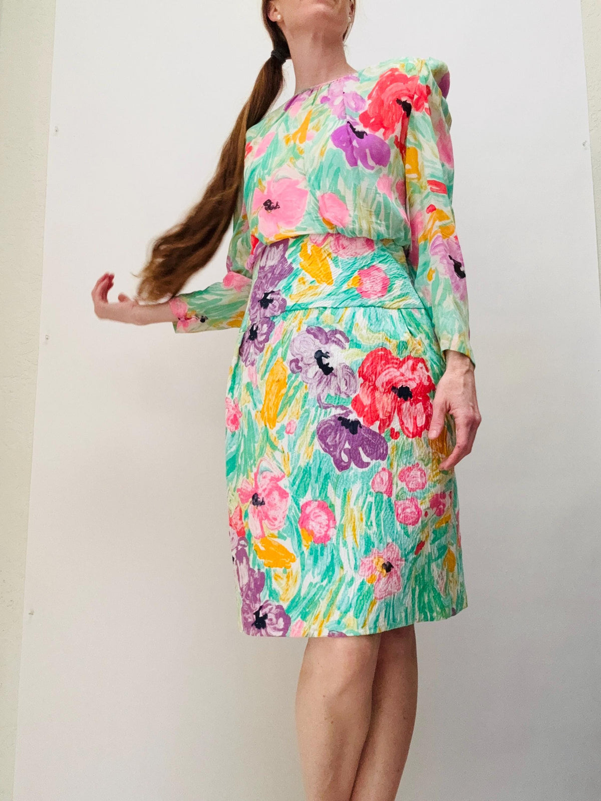 80s 90s Hanea Mori Vintage Silk Floral Print Dress Pink Green Long Sle ...