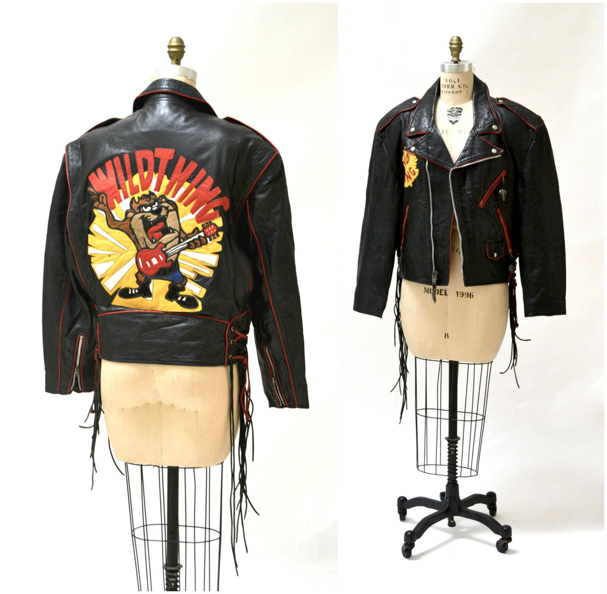 90s Vintage Black Leather Motorcycle Biker Jacket Tasmanian Devil TAZ ...